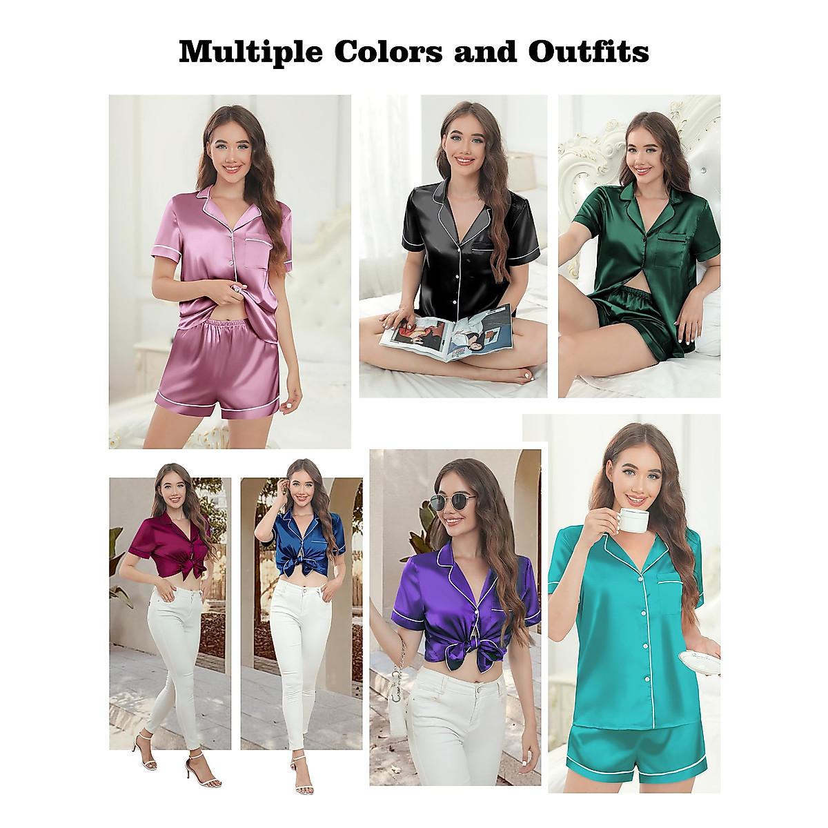 Lanyoshe Silk Pajamas for Women Satin Womens Pajama Sets Short Sleeve Lounge Set 2-Piece Sleepwear Notch Collar Button-Down PJ Set (Orange, XL)