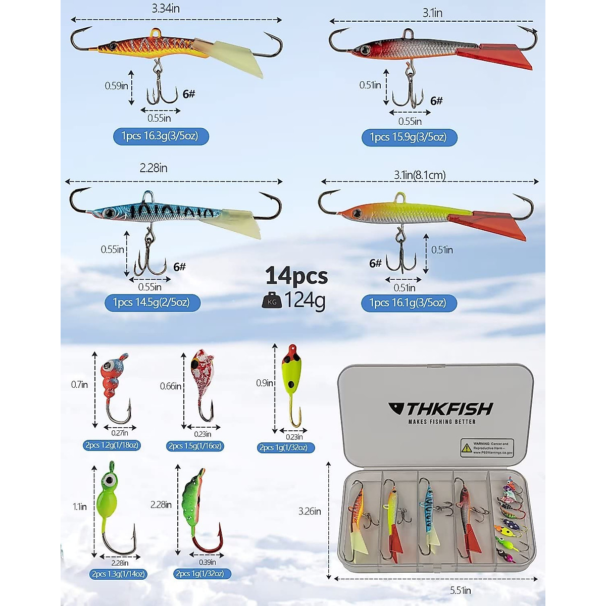 THKFISH Ice Fishing Jigs Panfish Ice Fishing Lures Kits Ice Fishing Gear Kit 14pcs Luminous Ice Fishing Color D