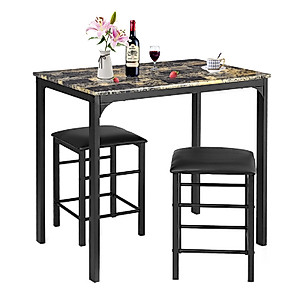 COSTWAY 3 Pieces Dining Table Set, 2 Person Kitchen Breakfast Table and Chair Set Pub Table and Chairs Set, Counter Height Dining Table Set with 2 Bar Stools (Black & Beige)