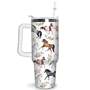 qoepfnsh 40 oz Horse Tumbler with Handle and Straw, Floral Stainless Steel Vacuum Insulated Travel Coffee Mug Cup Water Bottle, Horse Stuff Accessories Decor, Horse Gifts for Women Girls