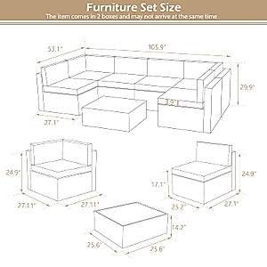 AECOJOY 7 Piece Outdoor Patio Furniture Set, Outdoor Sectional Conversation Furniture Chair with Coffee Table,Patio Sectional for Garden,Backyard(Khaki Cushions and Brown PE Rattan)