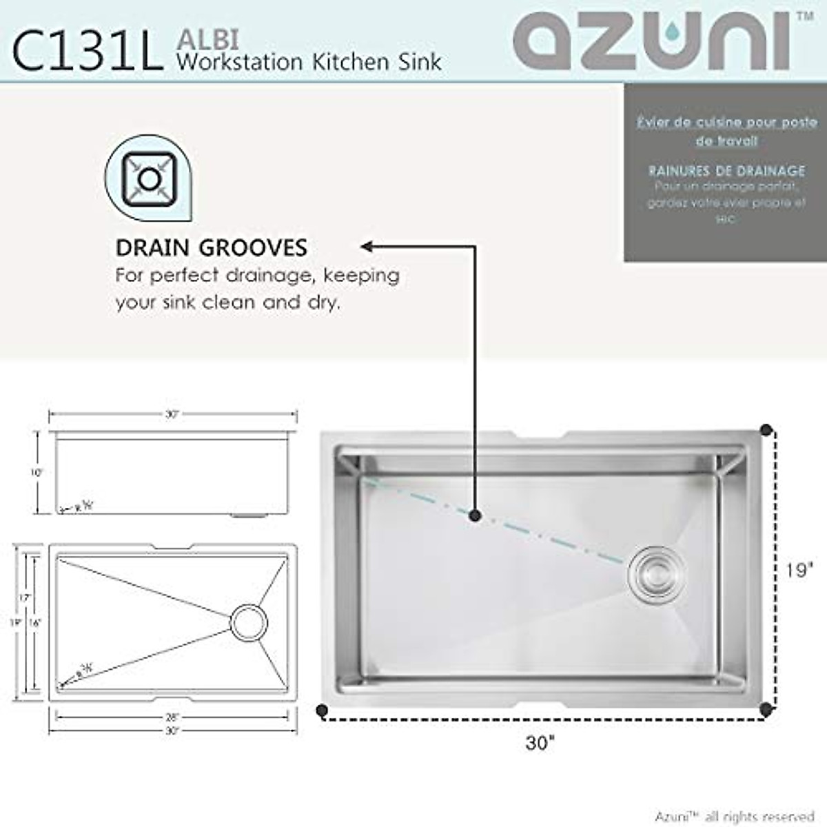 AZUNI 30 inch x 19 inch Single Bowl Undermount 16G Reversible Kitchen Ledge Workstation Sink with Grid, Luxury Basket Strainer, Drying Rack and Bamboo Cutting Board, C131L