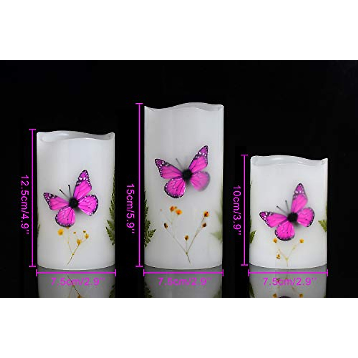 UNIVELA Candles Set of 3 Flameless 4" 5" 6" Unscented Tealight Butterfly Flower Plants Decor Real Wax Pillar Candle LED Lights 12 Color Changing 4H 8H Timer Remote Control AAA Batteries Operated