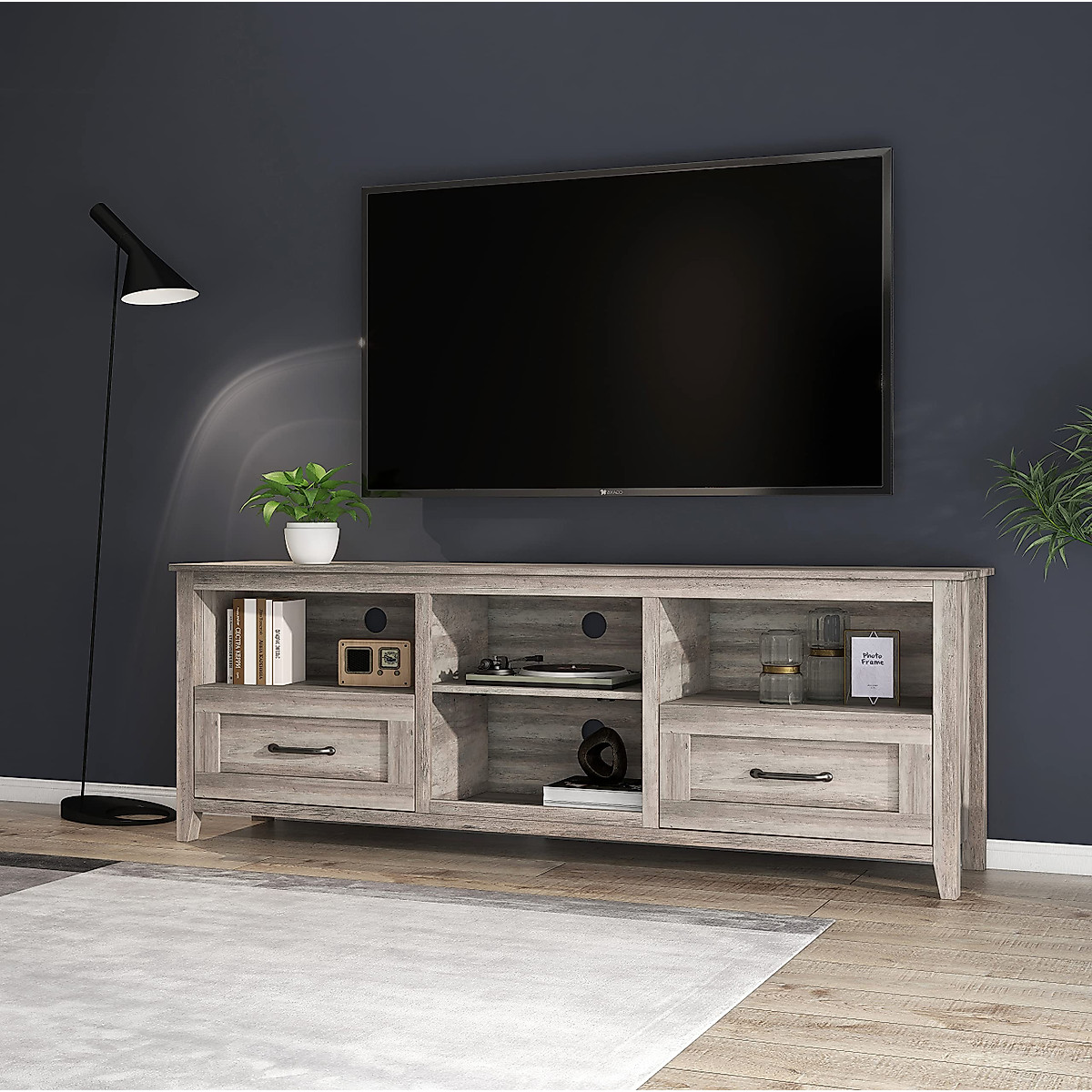 BAMACAR Grey TV Stand for 80 Inch TV, Large tv Stands 70-80 Entertainment Center with Storage, Grey TV Stand for 80 75+ 75 70 65+ 65 Inch TV Stands for Living Room, 80 Inch TV Stand 80 Inch TV Table