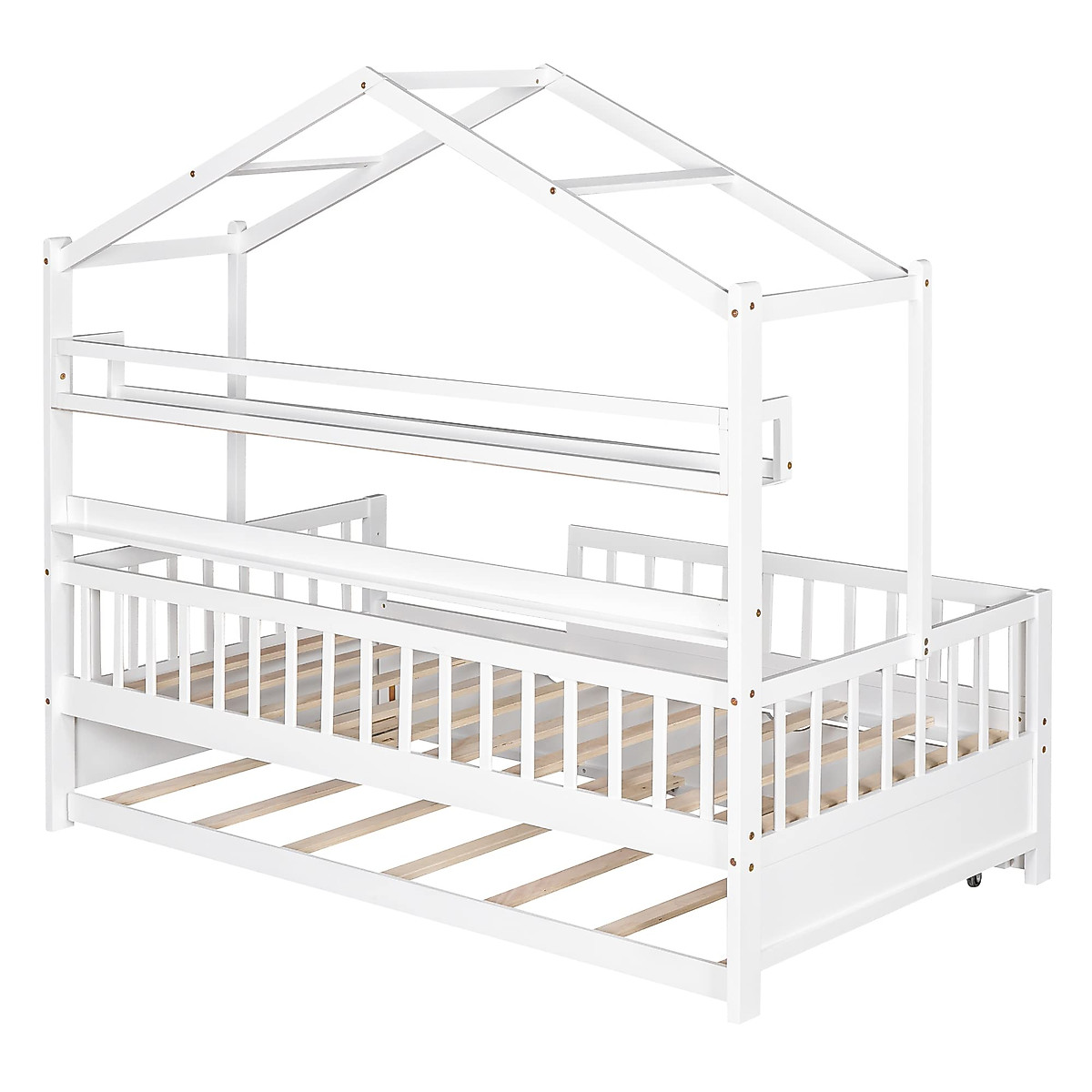 House Bed with Trundle and Storage Shelves Kids Twin Size Montessori Bed with Fence Rails Wood Playhouse Tent Bed Frame for Girls Boys, White