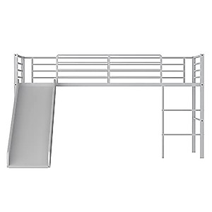 Giantex Twin Loft Bed with Slide, Metal Low Bunk Bed w/Safety Guardrails & Built-in Ladder, Toddler Bed Floor Frame for Boys & Girls, No Box Spring Needed (Silver)