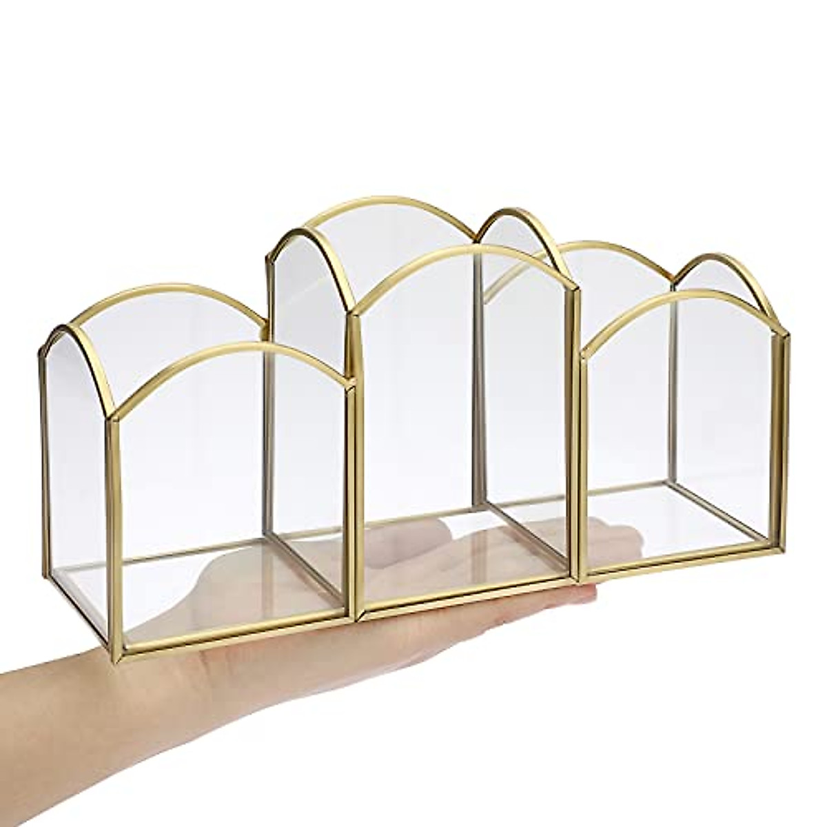 ELLDOO 3 Slots Glass Makeup Brush Holder Organizer for Vanity Dresser, Semicircle Rim Design, Pen Cup Holder Pencil Holder for Office Desk