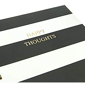 Graphique Classic Charm Hard Cover Journal w/ Elegant Black and White Stripes & "Happy Thoughts" in Embellished Gold Foil Across the Cover, 160 Ruled Pages, 6.25" x 8.25" x 1"