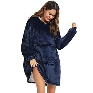 Blanket Hoodie,KJNANAE Oversized Sherpa Blanket Hoodie Dark Blue Sweatshirt for Women Gifts for Mom the Comfy Sweatshirt Blanket Wearable Blanket Oversized Sweatshirt for Women