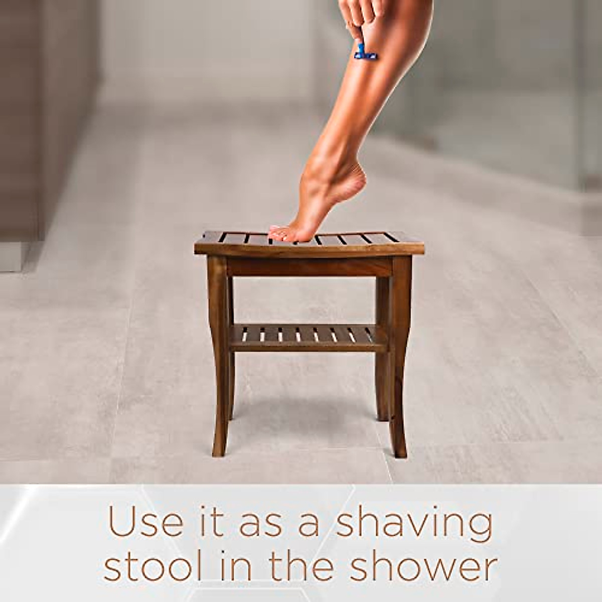 Slimry Design Teak Shower Bench - Solid and Water -Resistant Teak Bench with Storage Shelf Easy to Use Bath Stool with Non-Slip Pads -Assembly Required (Small)