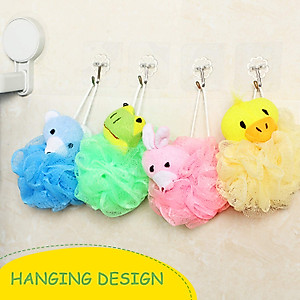 4 Pieces Animal Bath Sponge Cute Shower Sponge Colorful Cartoon Body Scrubber Balls Animal Pouf Loofahs Mesh with 4 Pieces Transparent Adhesive Hooks for Kids Adults Gifts