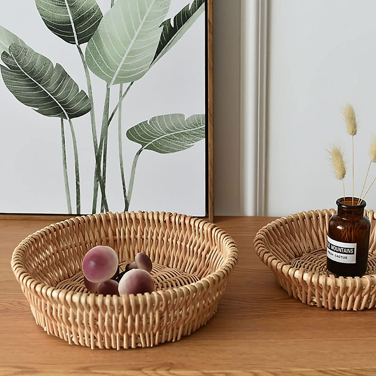 Healthy Fresh Rattan Basket 100% Natural Handwoven Deep Wicker Round Fruit Basket Woven Food Storage Weaved U Organizer Holder Bowl Decor Rack Display Small Flat Bottom Hollow Weaving (Small)