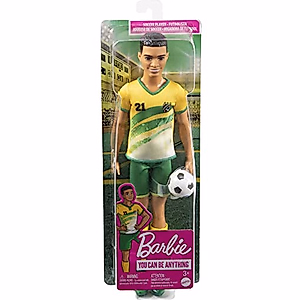 Barbie Soccer Ken Doll with Short Cropped Hair, Colorful #21 Uniform, Cleats, & Tall Socks, Soccer Ball 11.5 inches