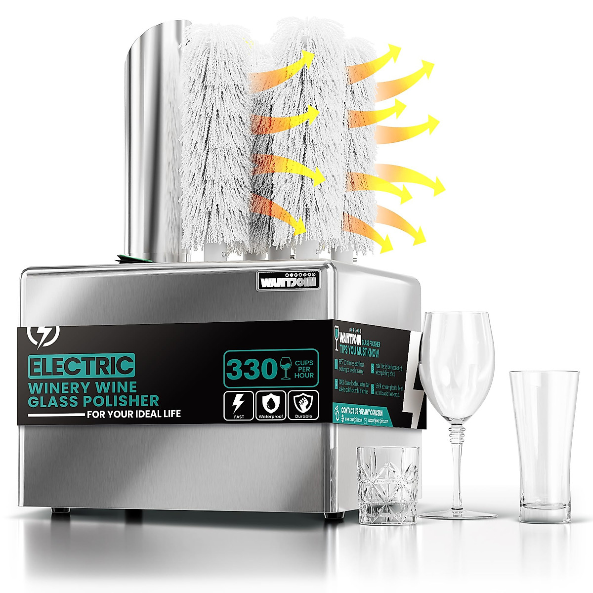 WantJoin Wine Glass Polisher Machine - 5 Brushes 330 Cups/Hour Commercial Electric Automatic Dryer with 304 Stainless Steel, 100% Cotton, 1300W High Power, 136°F Air Drying for Bar Restaurant Kitchen