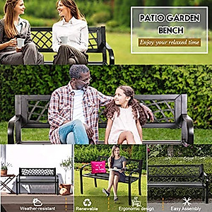 Garden Bench Patio Bench Metal Bench, Outdoor Porch Bench with Armrests Black Park Bench Cast Iron Sturdy Steel Frame Furniture Chair for Park Yard Front Porch Path Lawn Work Entryway, 400lbs