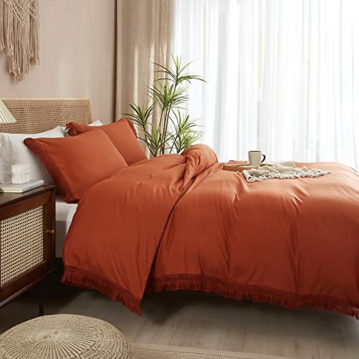 Smoofy Queen Duvet Cover Terracotta Duvet Cover Queen Size, 3 Pieces Bohemian Fringe Tufted Soft Tassel Microfiber Burnt Orange Duvet Cover with Zipper Closure (1 Rust Duvet Cover, 2 Pillowcases)