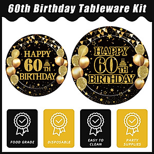Kepeel 96Pcs 60th Birthday Party Tableware Set, Back in 1965 Birthday Party Decorations Supplies for Men Women Cheers to 60 Years Disposable Paper Plates Napkins Forks Favors, Serve 24