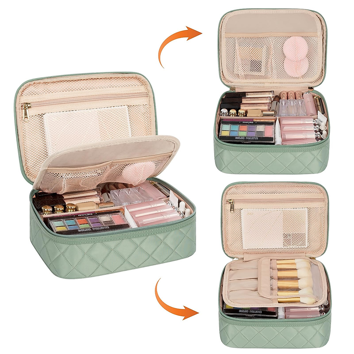 Makeup Bag, Potable Make up Bag Cute Makeup Organizer Bag for Toiletry Cosmetics Accessories with Divider and Brushes Compartments, Makeup Travel Case Cosmetic Bags Women and Girls- Nylon Green