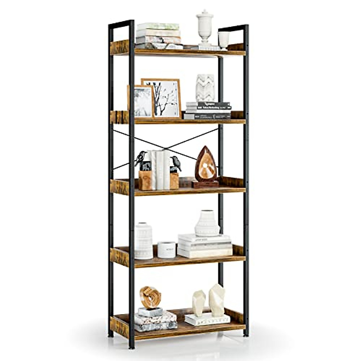 APPOLYN 5 Tier Bookshelf with 2 Hooks, Tall Bookcase, Modern Book Shelves Organizer, Bookshelves for Bedroom, Living Room and Home Office, Vintage