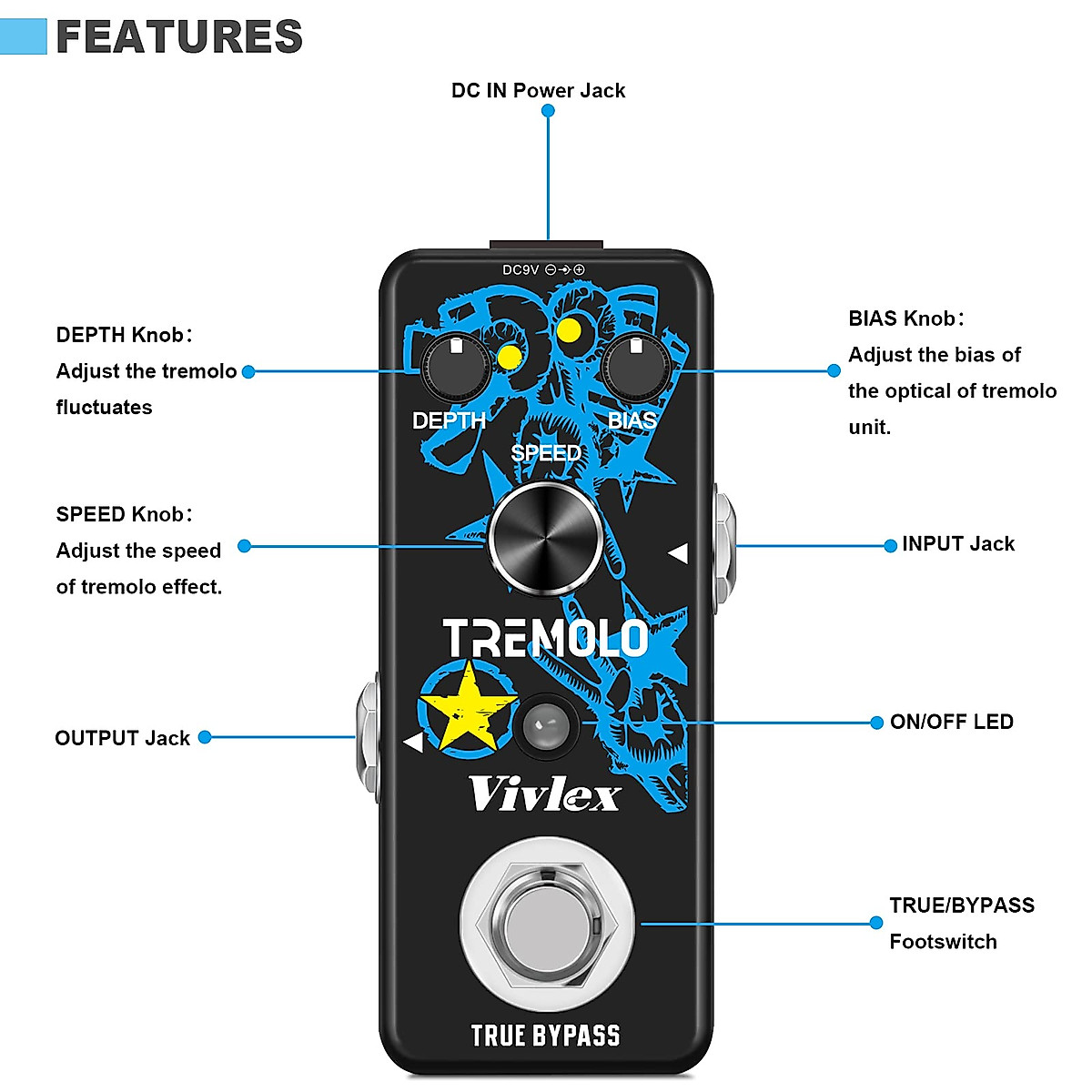Vivlex LEF-327 Vibe Vibrato Tremolo Trill Pedal Classic Optical Mini Analog Trelicopter Guitar Effects Stompbox for Electric Guitar True Bypass Footswitch