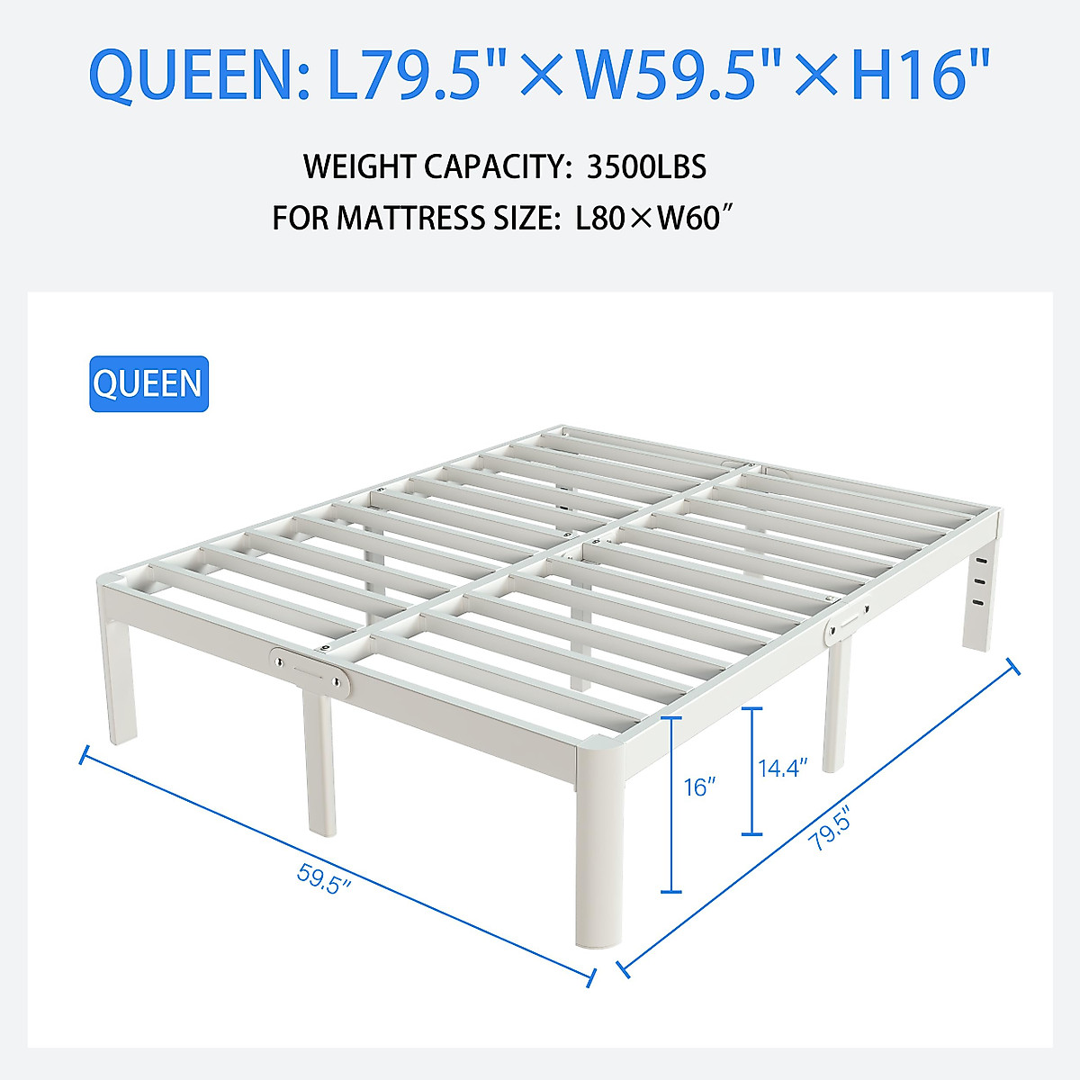 KZZLOL White Bed Frame Queen Size 16 Inch, Metal Queen Bed Frame No Box Spring Needed, Heavy Duty Steel Support 3500 LBS, DIY Headboard, Noiseless, Round Corner Legs, Storage Space, Easy Assembly