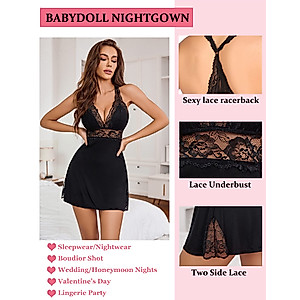 Ekouaer Lace Slip Nightgown Sexy Lingerie Nightgown Nightwear Lace Chemise Sleeveless Camisole Slip Dress Babydoll Sleepwear (Black, X-Large)