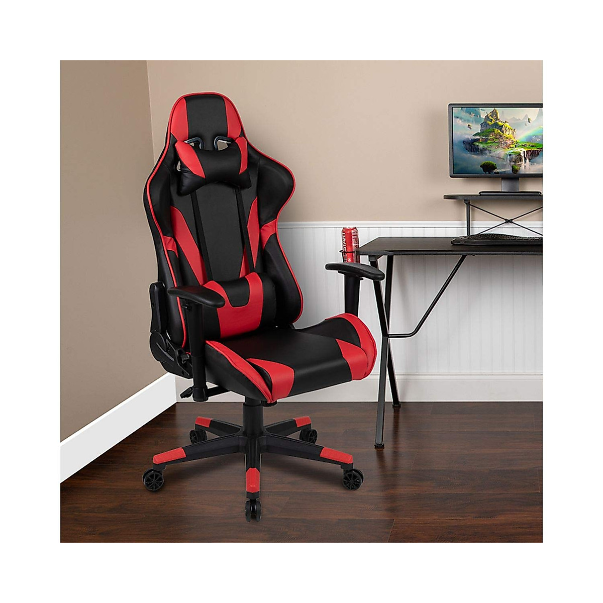 Flash Furniture X20 Fully Reclining LeatherSoft Racing Style Gaming Chair with and Lumbar Pillows, Ergonomic Padded Swivel Computer Chair, Red/Black