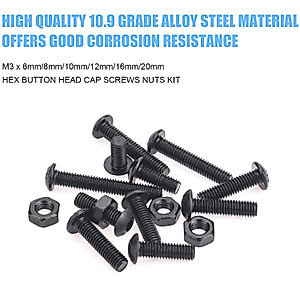 DYWISHKEY 360 Pieces M3 x 6mm/8mm/10mm/12mm/16mm/20mm, 10.9 Grade Alloy Steel Hex Button Head Cap Bolts Screws Nuts Kit with Hex Wrench