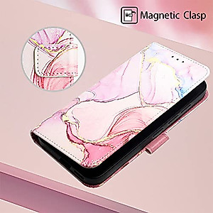 NVWA Compatible with Oppo Reno7 4G / F21 Pro Case with Card Holder Marble Leather Wallet Flip Cases Cover for Women Rose Gold with Hand Strap