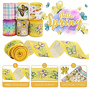 Whaline 6 Roll Butterfly Wired Edge Ribbon 36 Yards Colorful Butterfly Daisy Flower Plaids Craft Ribbon Spring Summer Farmhouse Fabric Ribbon for Gift Wrapping Hair Bow Sewing Wreath Crafts, 2.5 Inch