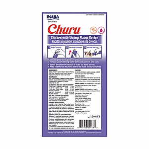 INABA Churu Cat Treats, Grain-Free, Lickable, Squeezable Creamy Purée Cat Treat/Topper with Vitamin E & Taurine, 0.5 Ounces Each Tube, 24 Tubes (4 per Pack), Chicken with Shrimp Recipe