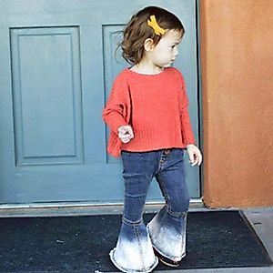 MODNTOGA Baby Girls Denim Bell Bottom Jeans Vintage Toddler Kid Flare Pants Jeans Western Little Cowgirl Outfit Hippie Pants (Dark Blue, 130 (6-7T))