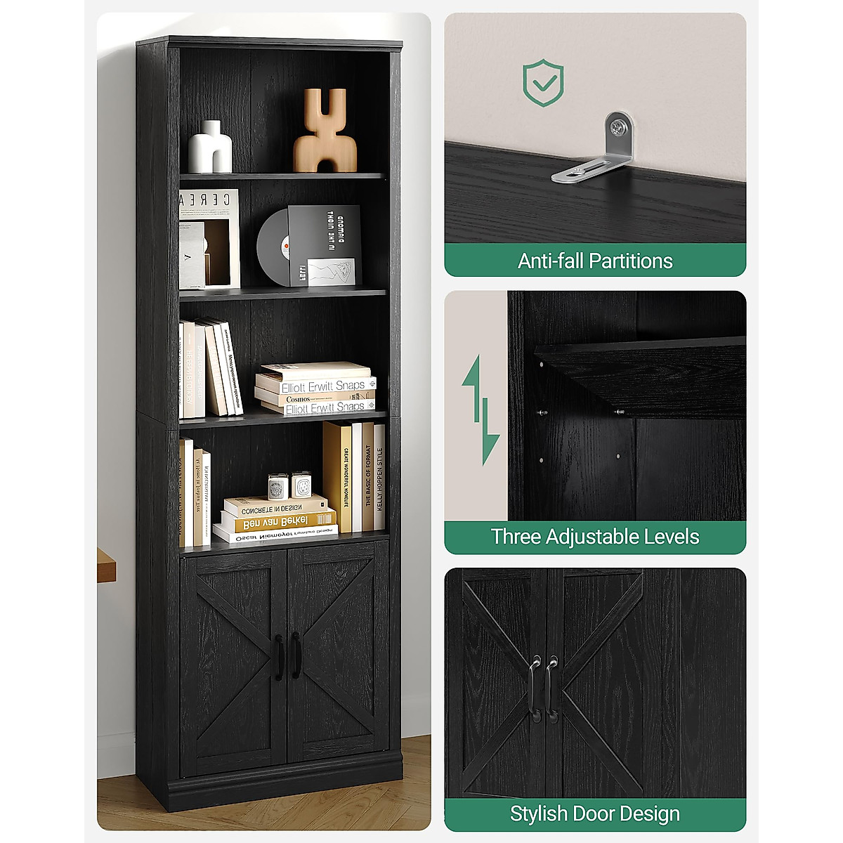 Hzuaneri 5 Tier Bookshelf Bookcase with Cabinet Doors, 70 in Tall Wooden Bookshelves, Display Storage Shelves, Floor Standing Book Shelf Furniture for Home Office, Living Room, Bedroom, Black BC20104X