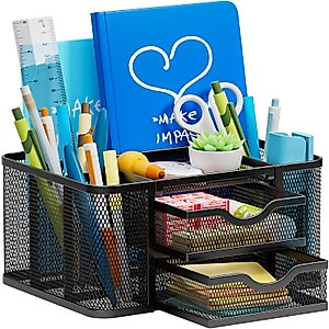 Marbrasse Mesh Desk Organizer, Pen Organizer with 2 Drawer, Multi-Functional Pencil Holder for Desk, Desk Organizers and Accessories with 5 Compartments + Drawer for Office Art Supplies (Black)
