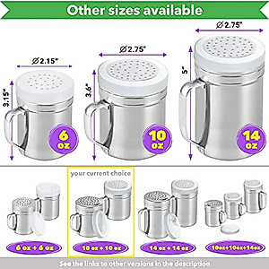 CUSINIUM Metal Salt Pepper Dredge Shakers - With Handle - Seasonings Spice Shakers With Holes and Lids - 10 Ounce, 2pcs