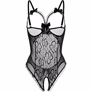 AIBINGGE Lingerie for Women Sexy Teddy One-Piece Lace Babydoll Bodysuit Nightie Plus Size(Black,M)