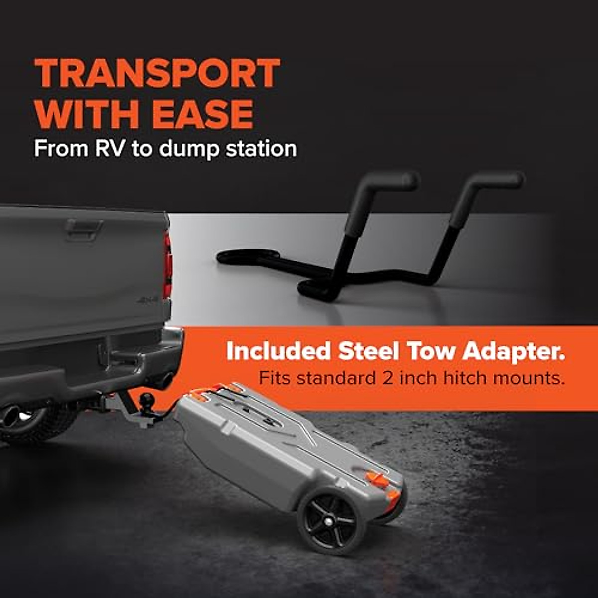 Camco Rhino 15-Gallon Portable Camper / RV Tote Tank - Features Large Heavy-Duty No-Flat Wheels & Low Drain Hole - Includes Removable Steel Tow Adapter, 3’ RV Sewer Hose & More RV Accessories (39000)