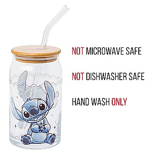 Silver Buffalo Disney Lilo and Stitch Sitting Glass Jar Tumbler with Bamboo Lid and Glass Straw, 16 Ounces