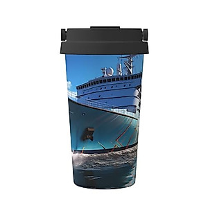 GTKSYNVE Reusable Coffee Mug with Lid and Handle, Ocean Ferry Boat Tumbler for Hot & Cold Drinks 16oz Stainless Steel Insulated Coffee Tumblers Double Wall Vacuum Thermal Cup