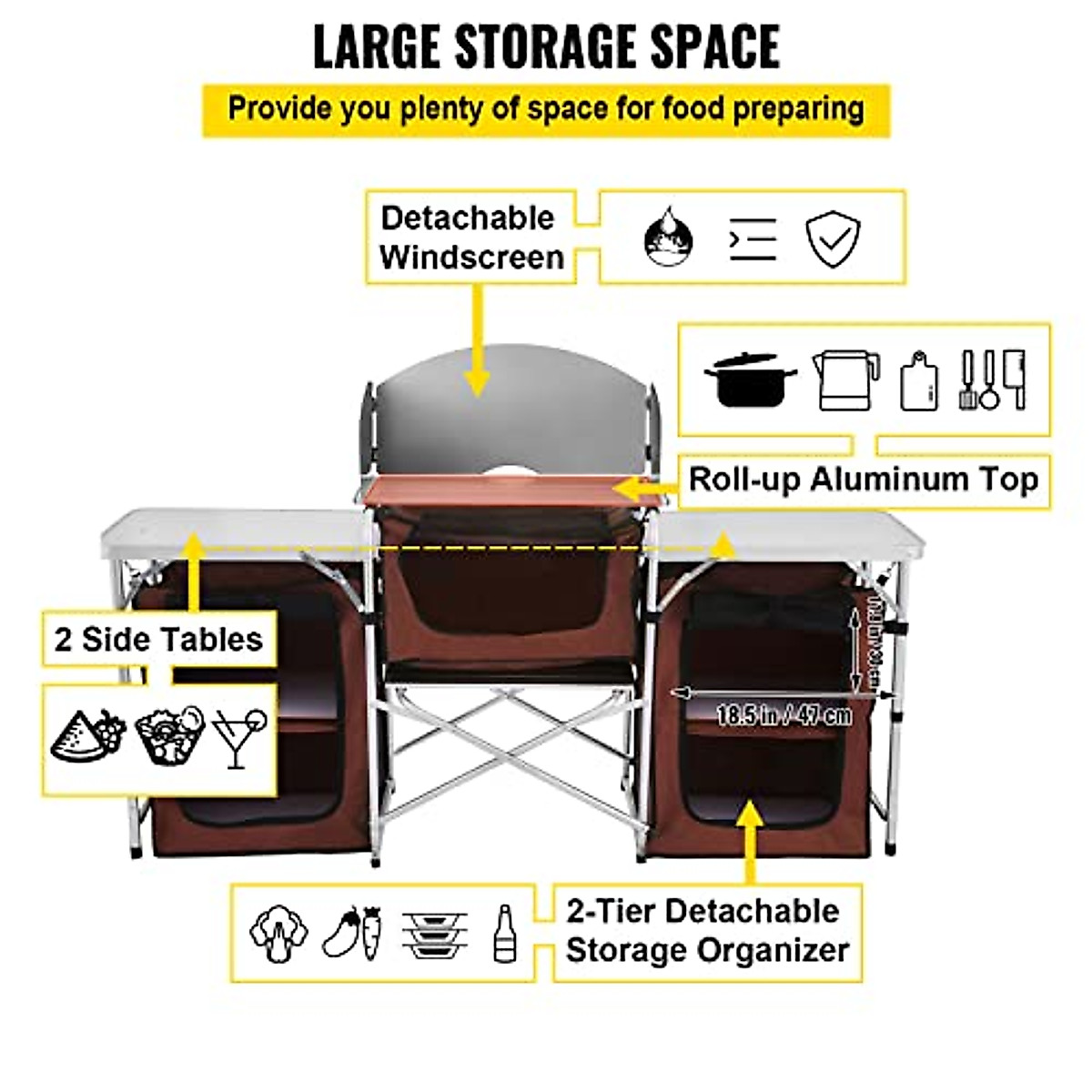 Happybuy Camping Kitchen Table, 3 Storage Organizer, Aluminum Windscreen Outdoor Folding Grill Station with 2 Side Tables, Camping Supplies and Accessories for BBQ Picnic Fishing Party Use, Brown