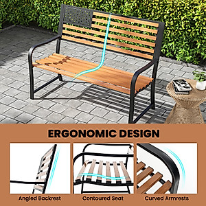 Tangkula 50” Outdoor Garden Bench, 2-Person Metal Patio Chair with Flag Pattern Backrest & Rustic Wood Grain Finish, Patriotic Bench with Arms for Porch, Deck, Park, Brown & Black