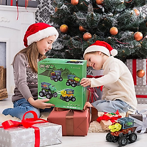 Yoocaa Dinosaur Toys for Kids 3-5, 4 Dinosaur Monster Trucks Mini Pull Back Cars, Dinosaur Transport Carrier Truck Playset, Gifts for Boys Toddler 3,4,5,6 Years Old