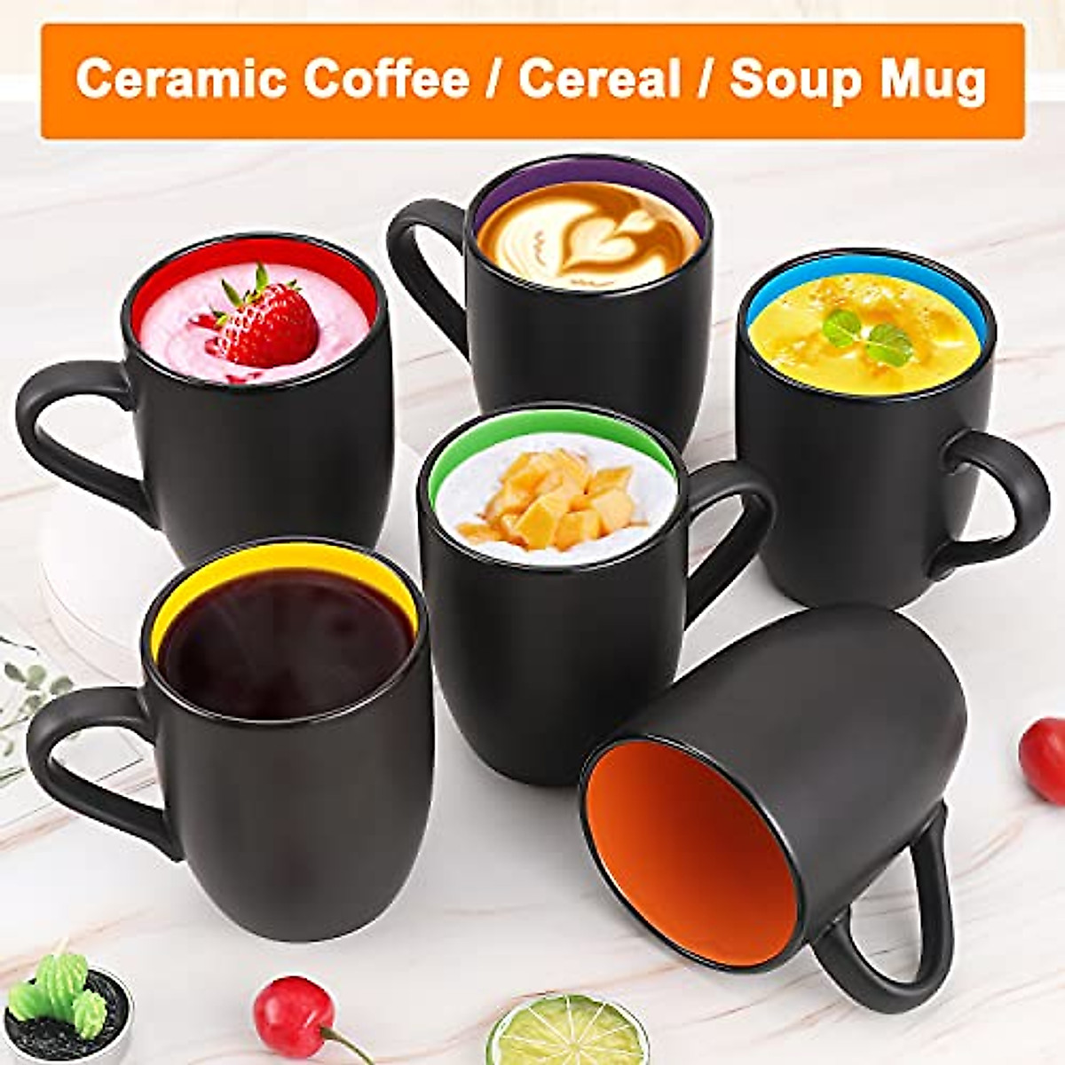 Farielyn-X 6 Pack Coffee Mug Set, 16 Ounce Ceramic Coffee Cups, Black Large Coffee mugs, Restaurant Coffee Cups for Coffee, Tea, Cappuccino, Cocoa, Cereal, Matte Black Outside and Colorful Inside