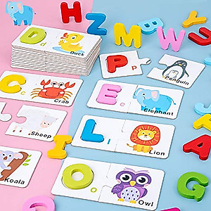 Sight Words Spelling and Learning Alphabet Puzzle Matching Game Wooden Letters Animal Flash Cards Shape Puzzles Montessori Matching Puzzle Preschool Educational Toys for Toddlers Boys Girls Age 3+