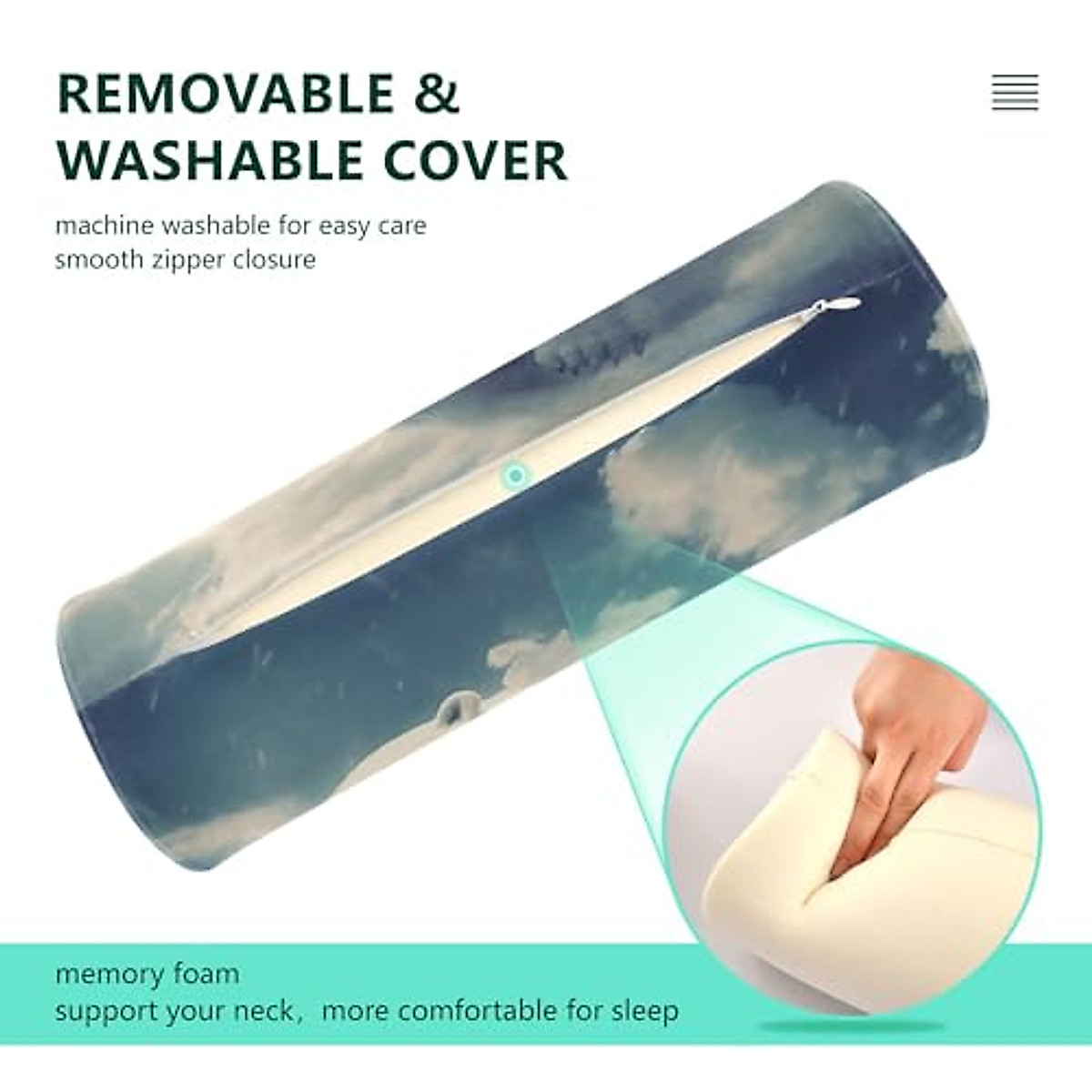 xigua Cute Bear Neck Roll Pillow for Neck Relief with Removable Washable Cover - Memory Foam Round Cylinder Bolster, Ergonomically Designed for Head, Neck, Back, and Legs