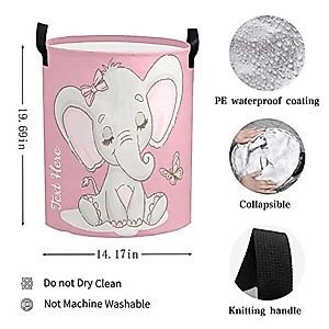 Personalized Baby Elephant Butterfly Pink Laundry Hamper with Name Text Storage Clothes Basket Foldable Laundry Bag with Handles