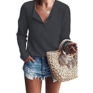 Glanzition Tops for Women Long Sleeve Casual V Neck Plain Loose Fit Sweaters Grey L