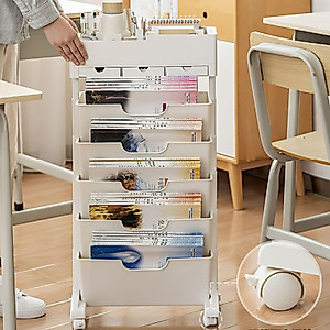HACLEN 6 Tier Rolling Cart, Mobile Bookshelf with Wheels, Bookshelf Organizer with 3 Drawer,Storage Display Shelves, for Living Room, Kitchen,White