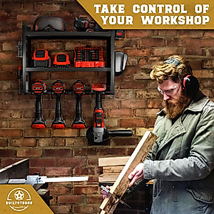 BUILTSTRONG Power Tool Organizer Wall Mount - 3-Tier Heavy-Duty Metal Hand Tool Storage Rack, Utility Racks, Drill Holder, PegBoard Side, & More - Garage Storage Cordless Tool Organizer (Black)