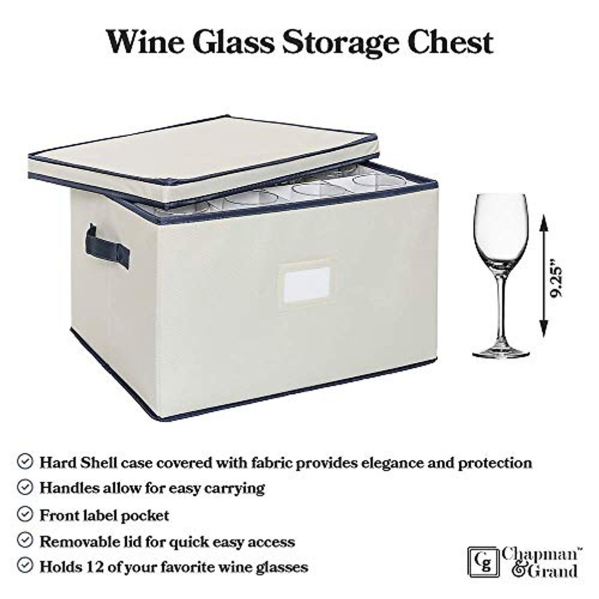 Chapman & Grand Wine Glass Storage Chest, Protective Container Box with Lid for Stemware, (Light Beige-Navy)